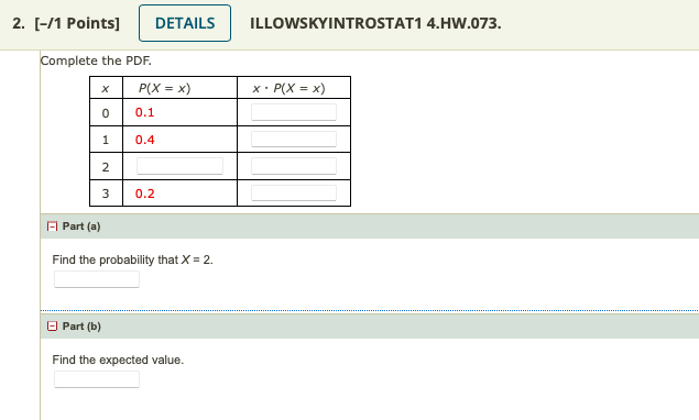 Solved 2. [-/1 Points] DETAILS ILLOWSKYINTROSTAT1 4.HW.073. | Chegg.com