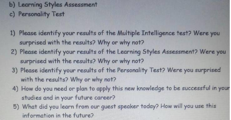 Solved b) Learning Styles Assessment c) Personality Test 1) | Chegg.com