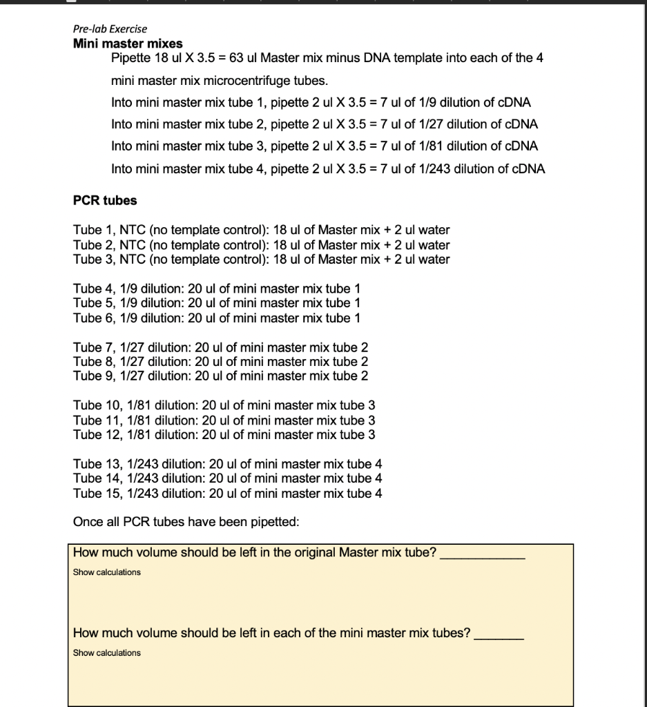 Pre-lab Exercise Mini master mixes Pipette 18 ul X | Chegg.com