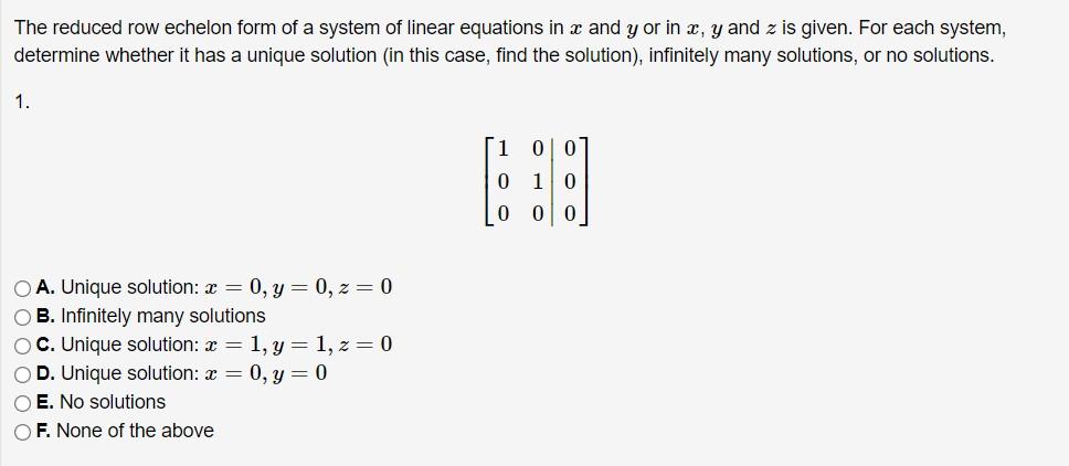 Solved The reduced row echelon form of a system of linear | Chegg.com