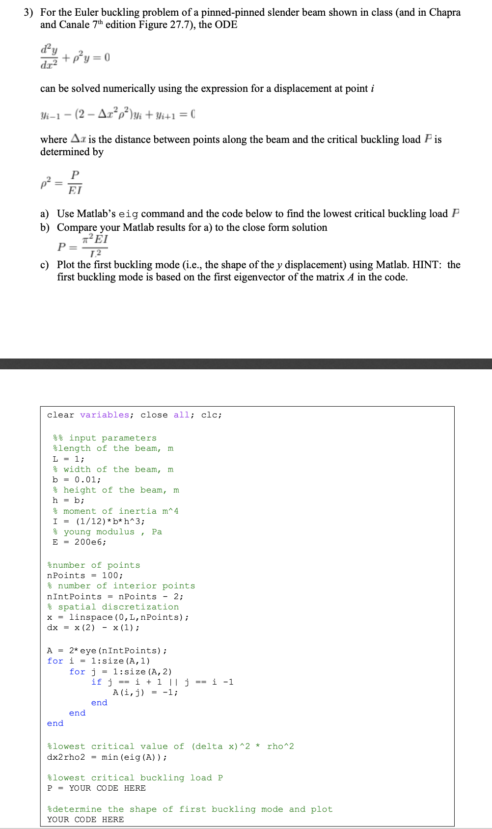 3) For the Euler buckling problem of a pinned-pinned | Chegg.com
