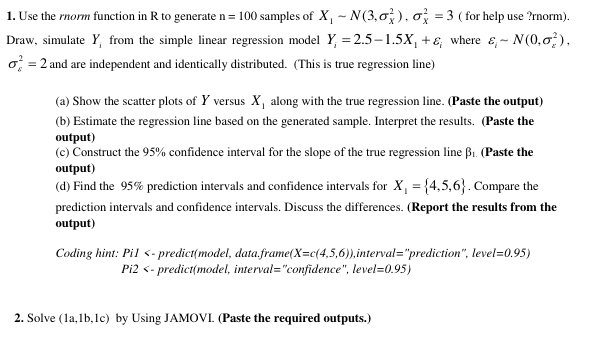 Solved 1. Use the rnorm function in R to generate n=100 | Chegg.com