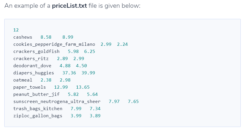 Solved First file: priceList.txt In priceList.txt, the first | Chegg.com