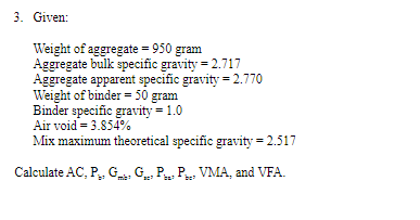 Solved 3. Given: Weight of aggregate = 950 gram Aggregate | Chegg.com
