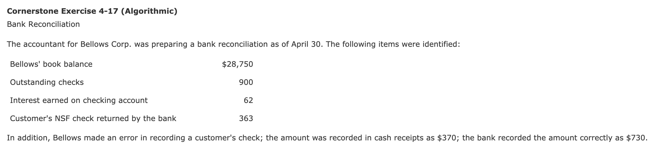 Solved Cornerstone Exercise 4-17 (Algorithmic) Bank | Chegg.com Solved Cornerstone Exercise 4-17 (Algorithmic) Bank | Chegg.com