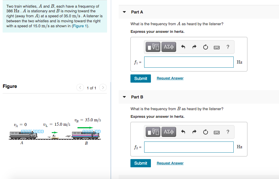 Solved Part A Two train whistles, A and B, each have a | Chegg.com