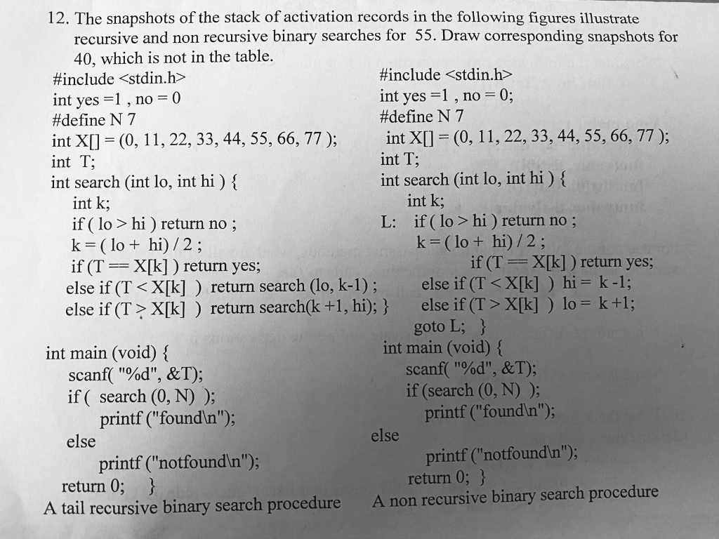 Solved 12 Snapshots Stack Activation Records Following Figures Illustrate Recursive Non