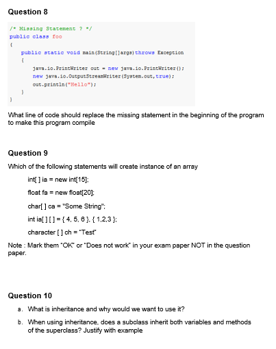 Solved Question 8 /* Missing Statement / public class too 1 | Chegg.com
