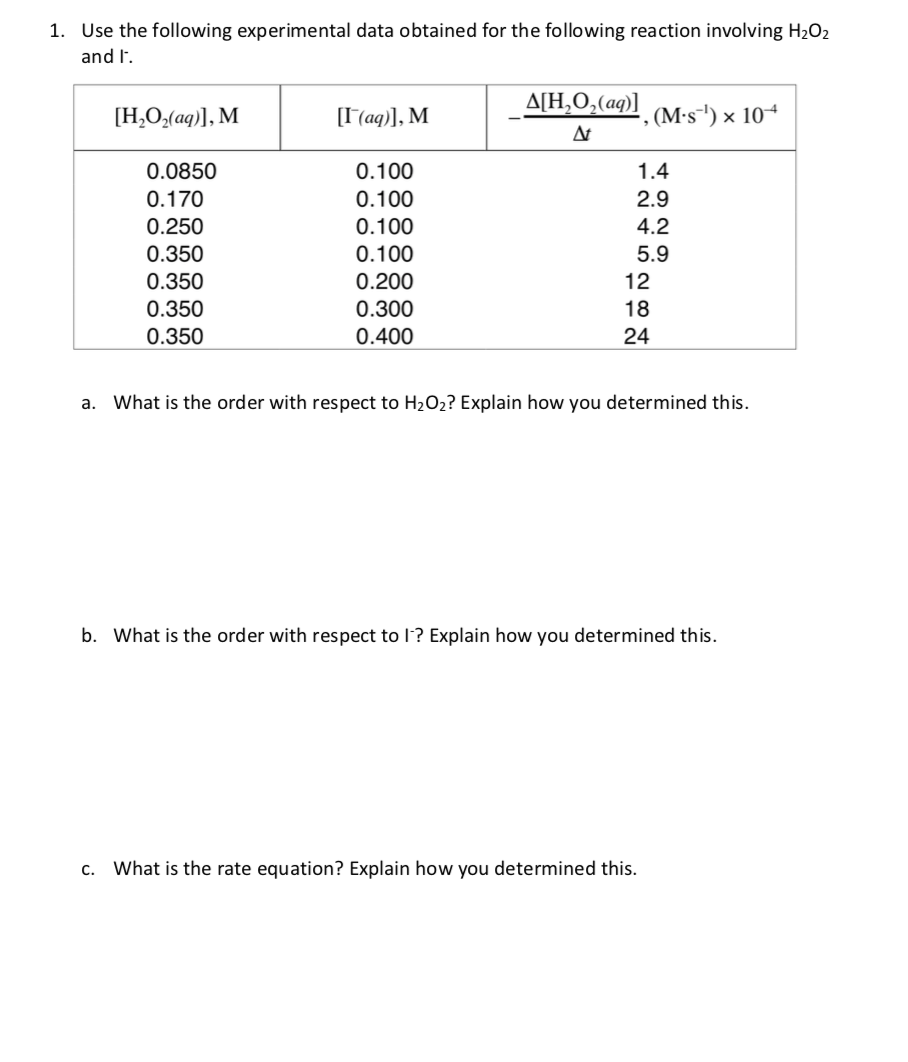 Solved 1. Use the following experimental data obtained for | Chegg.com
