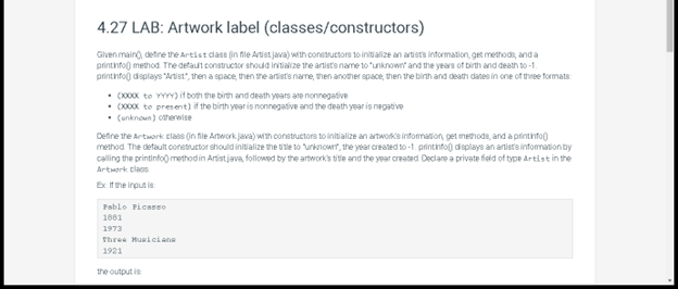 Solved 4.27 LAB: Artwork label (classes/constructors) | Chegg.com