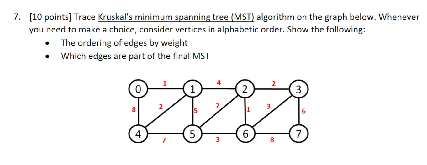 Solved 7 [10 Points] Trace Kruskals Minimum Spanning Tree