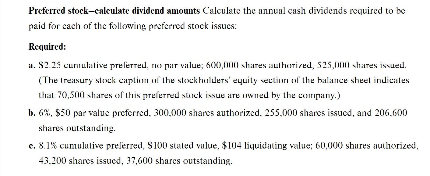 Solved Preferred stock-calculate dividend amounts Calculate | Chegg.com