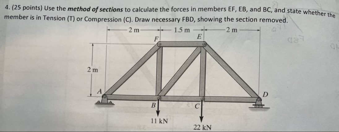 Solved 4. (25 points) Use the method of sections to | Chegg.com