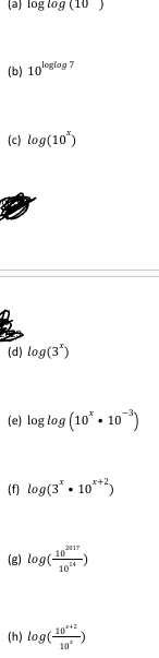 Solved loglog(10x⋅10−3)log(3x⋅10x+2)log(1014102017)log(10x10 | Chegg.com