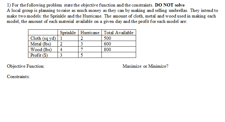 Solved 1) For the following problem state the objective | Chegg.com