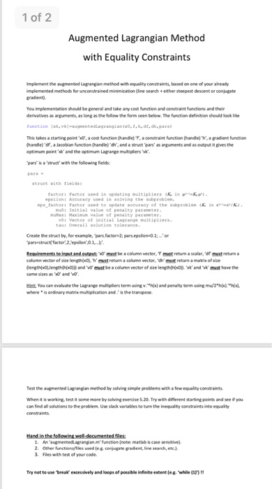 1 of 2 Augmented Lagrangian Method with Equality | Chegg.com