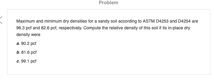 Solved Problem Maximum and minimum dry densities for a sandy | Chegg.com