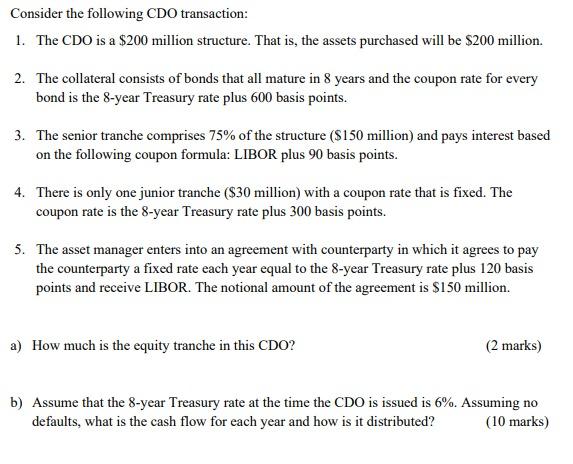 Consider the following CDO transaction: 1. The CDO is | Chegg.com