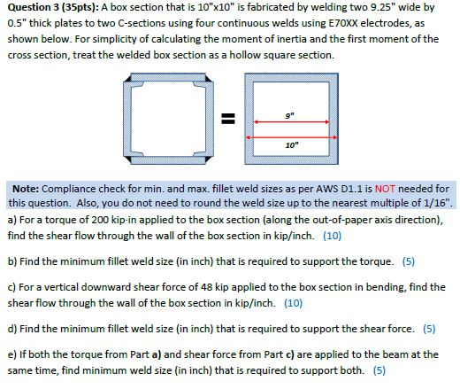 Question 3 (35pts): A box section that is 10"x10" is | Chegg.com