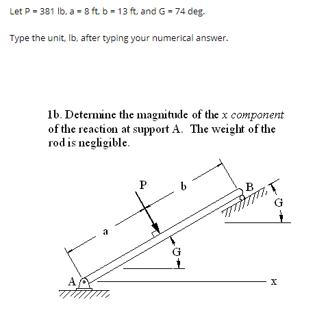 Solved Let P = 381 lb, a = 8ft, b = 13 ft, and G = 74 deg. | Chegg.com