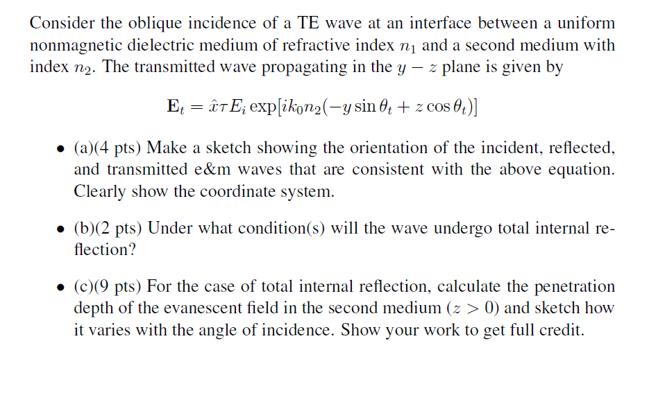 Solved Consider the oblique incidence of a TE wave at an | Chegg.com