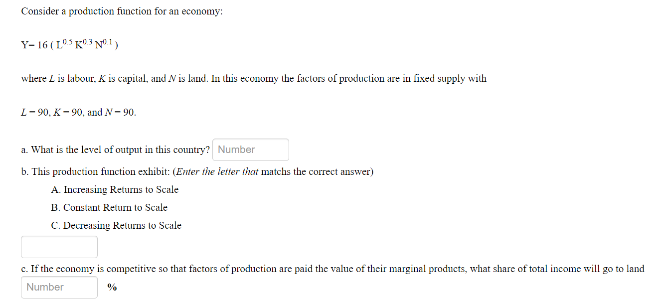 Solved Consider a production function for an economy: Y=16( | Chegg.com