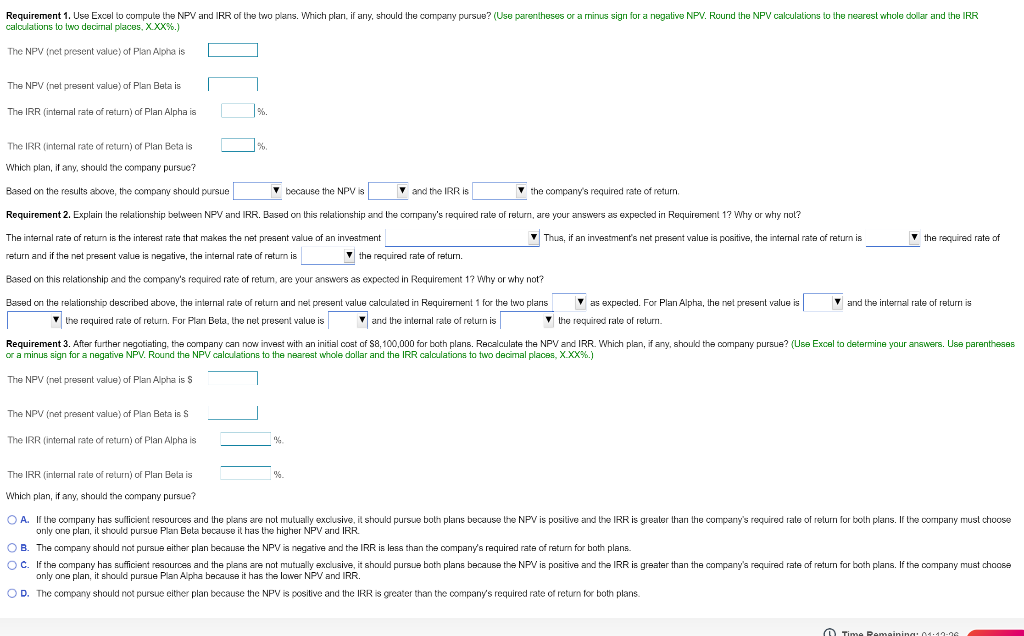 Requirement 1. Use Excel to compute the NPV and IRR | Chegg.com