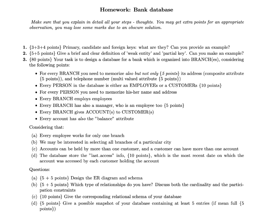 Solved Homework: Bank database Make sure that you explain in | Chegg.com