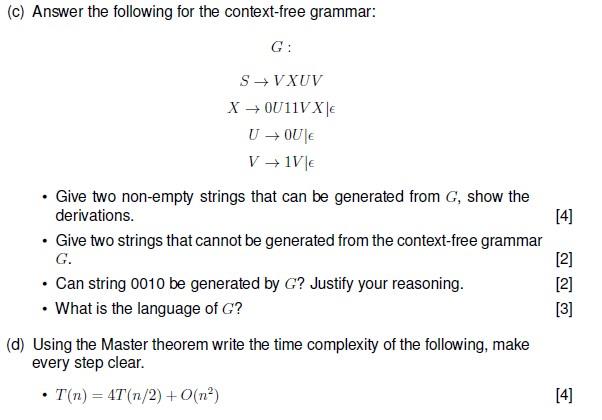 Solved (c) Answer the following for the context-free | Chegg.com