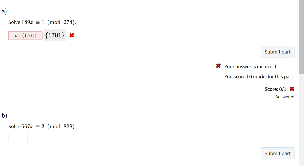 Solved a) Solve 1892 = 1 (mod 274). set (1701) {1701} * | Chegg.com