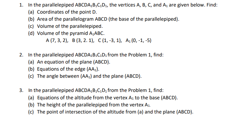 Solved 1. In the parallelepiped ABCDA1B1C1D1, the vertices | Chegg.com