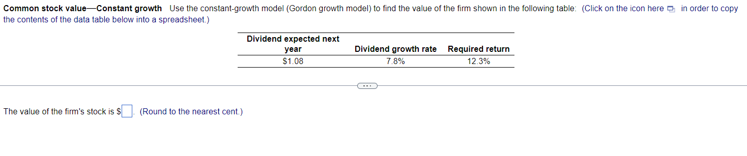 Solved Common stock value-Constant growth Use the | Chegg.com