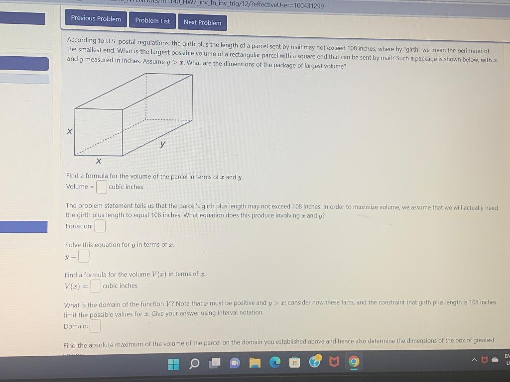 Solved According to U.S. postal regulations, the girth plus | Chegg.com