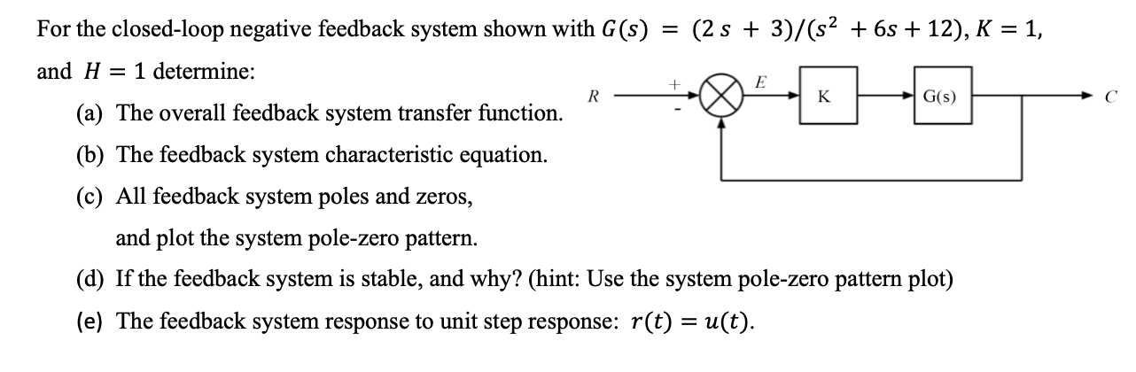 Solved For the closed-loop negative feedback system shown | Chegg.com