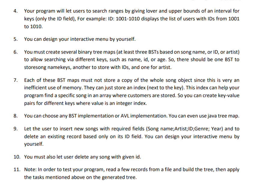 Solved (JAVA) Binary Search Tree Map based Music Song record | Chegg.com
