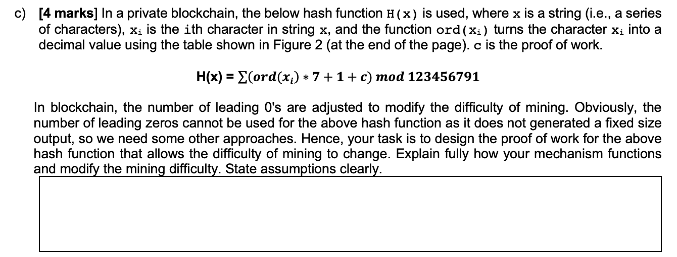 c) [4 marks] In a private blockchain, the below hash | Chegg.com