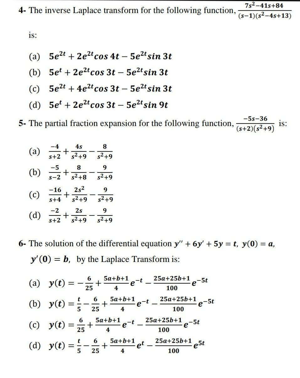 Solved 4- The inverse Laplace transform for the following | Chegg.com
