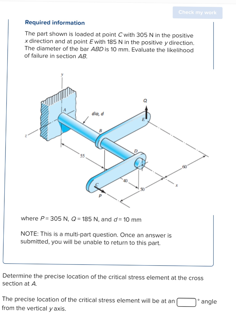 Solved The part shown is loaded at point C with 305 N in the | Chegg.com