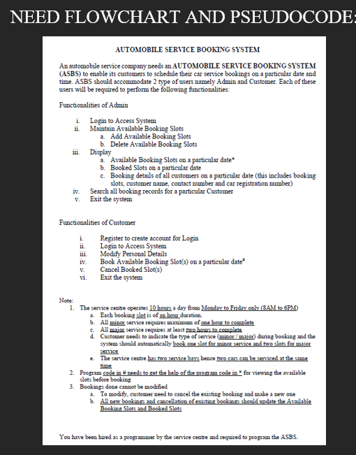 Solved NEED FLOWCHART AND PSEUDOCODE: AUTOMOBILE SERVICE | Chegg.com
