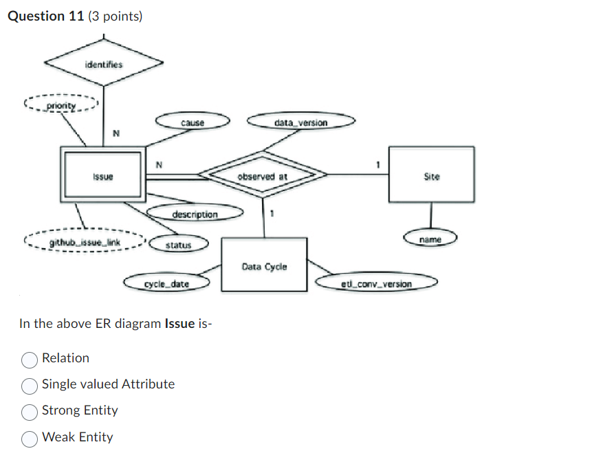 Solved Question 11 (3 points) In the above ER diagram Issue | Chegg.com Solved Question 11 (3 points) In the above ER diagram Issue | Chegg.com