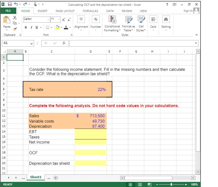 Solved Calculating OCF and the depreciation tax shield Excel | Chegg.com