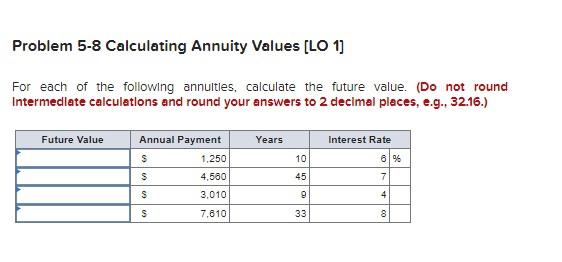 Solved Problem 5-8 Calculating Annuity Values [LO 1) For | Chegg.com