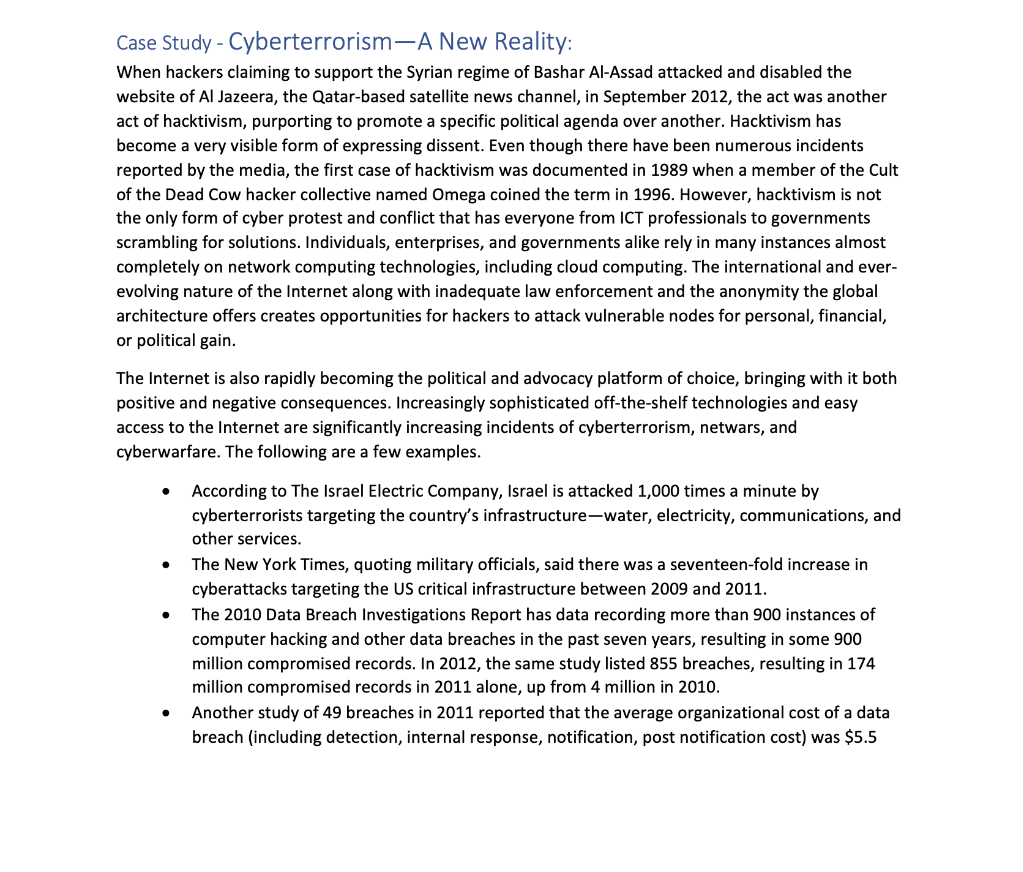 Solved Case Study - Cyberterrorism-A New Reality: When | Chegg.com