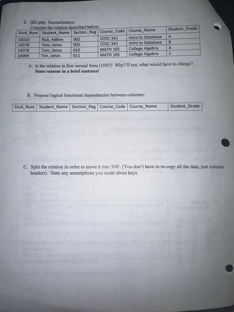 Solved 3. (20 pts) Normalization. A. Is the relation in | Chegg.com Solved 3. (20 pts) Normalization. A. Is the relation in | Chegg.com