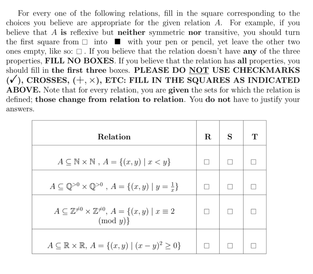 Solved For every one of the following relations, fill in the | Chegg.com