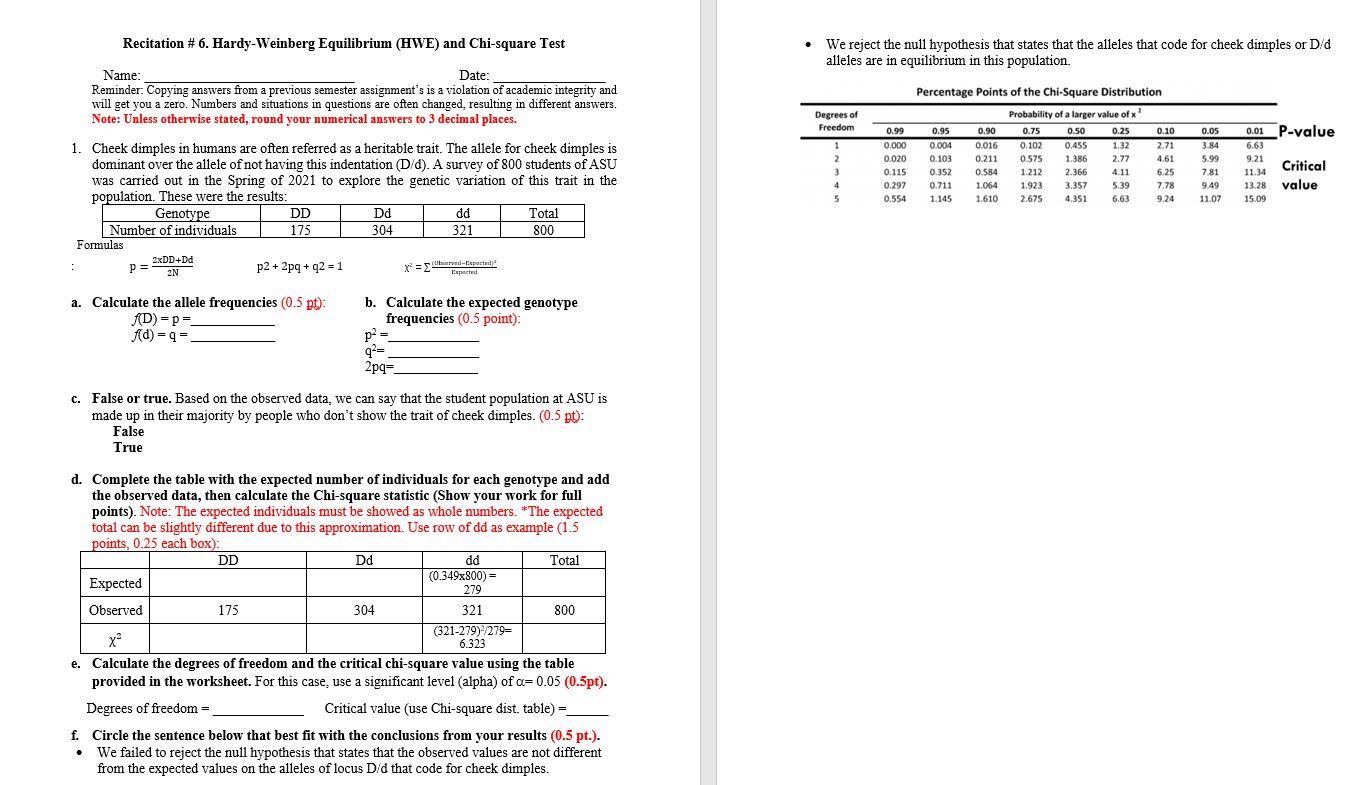 Solved Recitation # 6. Hardy-Weinberg Equilibrium (HWE) and | Chegg.com