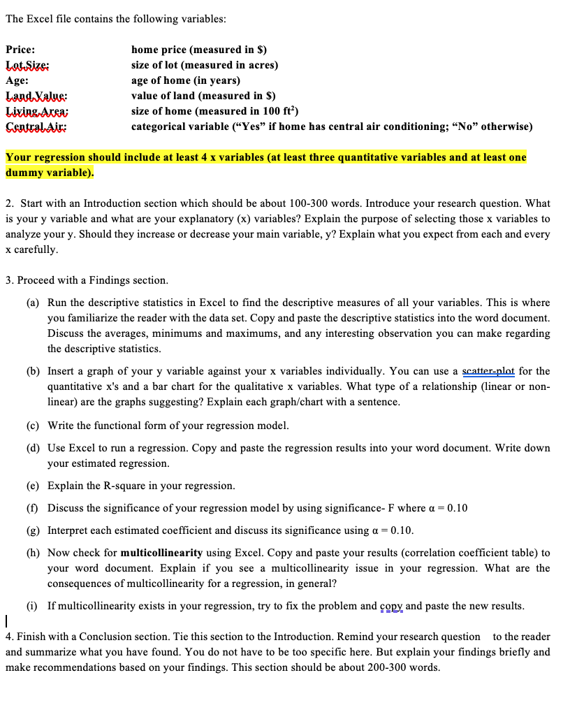 The Excel file contains the following variables: | Chegg.com