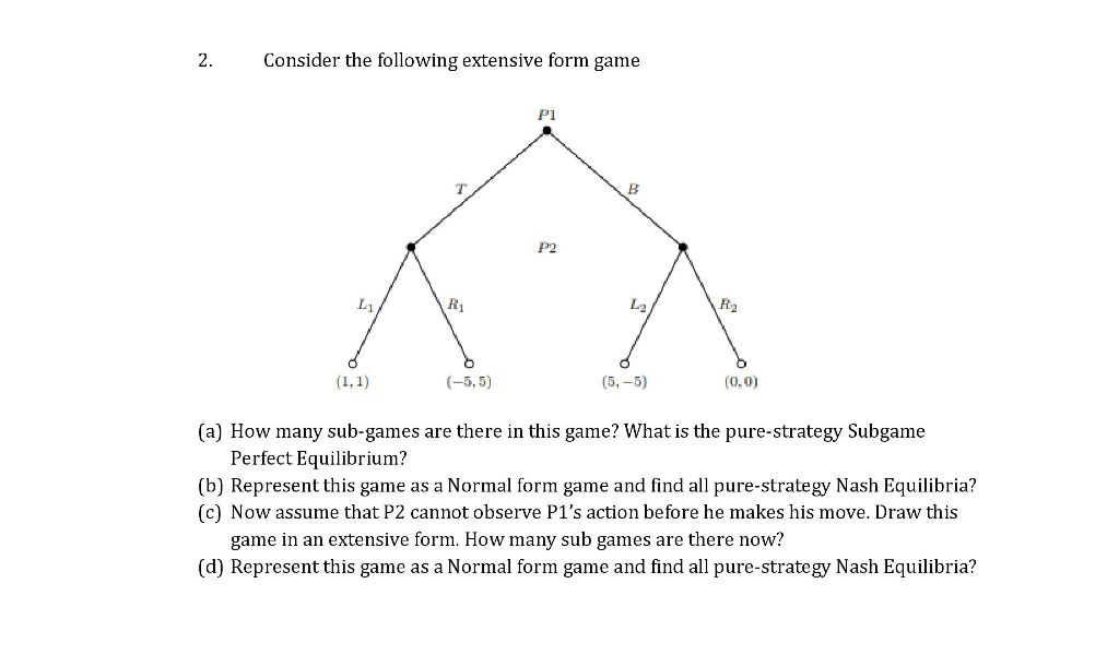 Solved 2. Consider the following extensive form game P1 P2 | Chegg.com