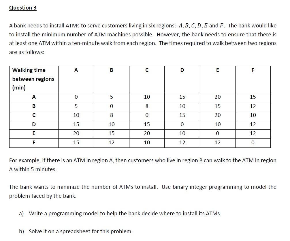Solved Question 3 A bank needs to install ATMs to serve | Chegg.com