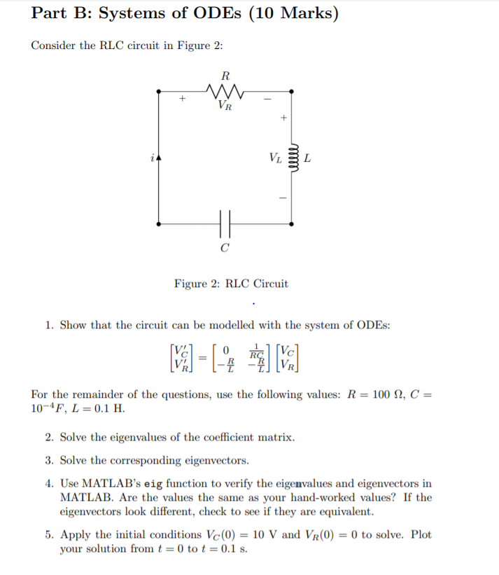 Solved Part B: Systems of ODEs (10 Marks) Consider the RLC | Chegg.com